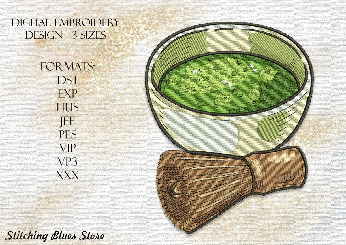 Matcha machine embroidery design – Stitching Blues