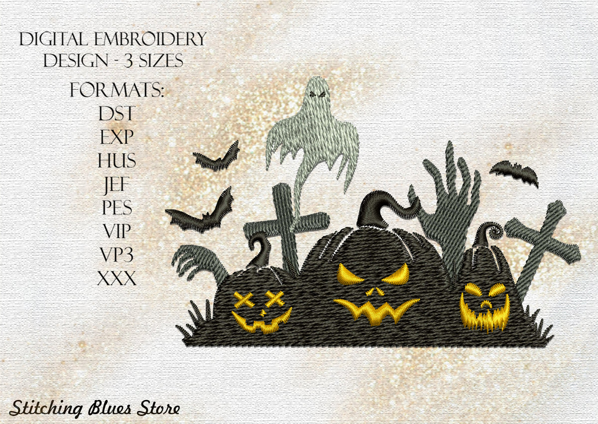 Creepy Pumpkins and Ghosts On Cemetery machine embroidery design - Hal ...