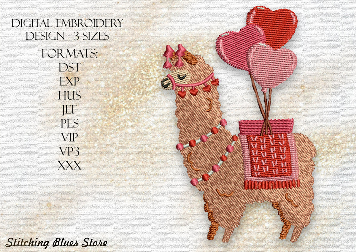 Alpaca With Hearts Machine Embroidery Design For Valentines Day ...