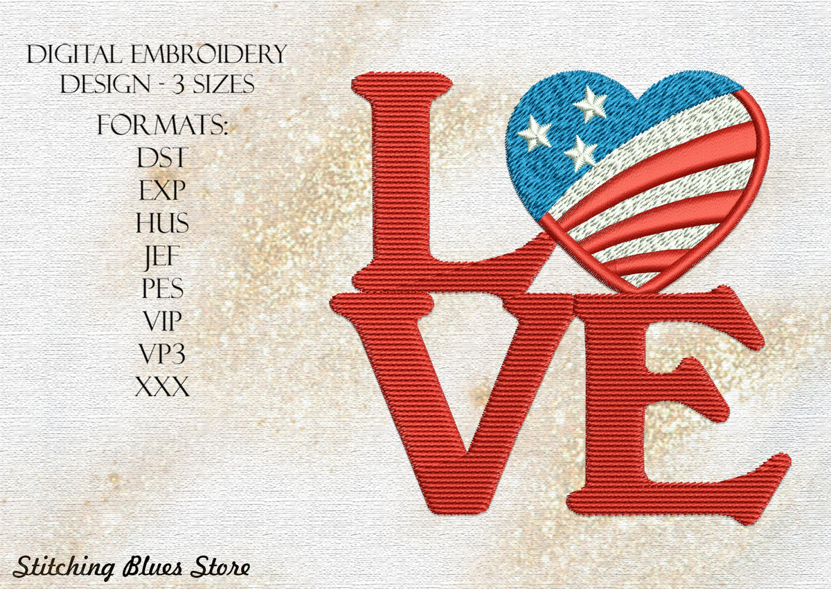 Love USA machine embroidery design - American flag – Stitching Blues