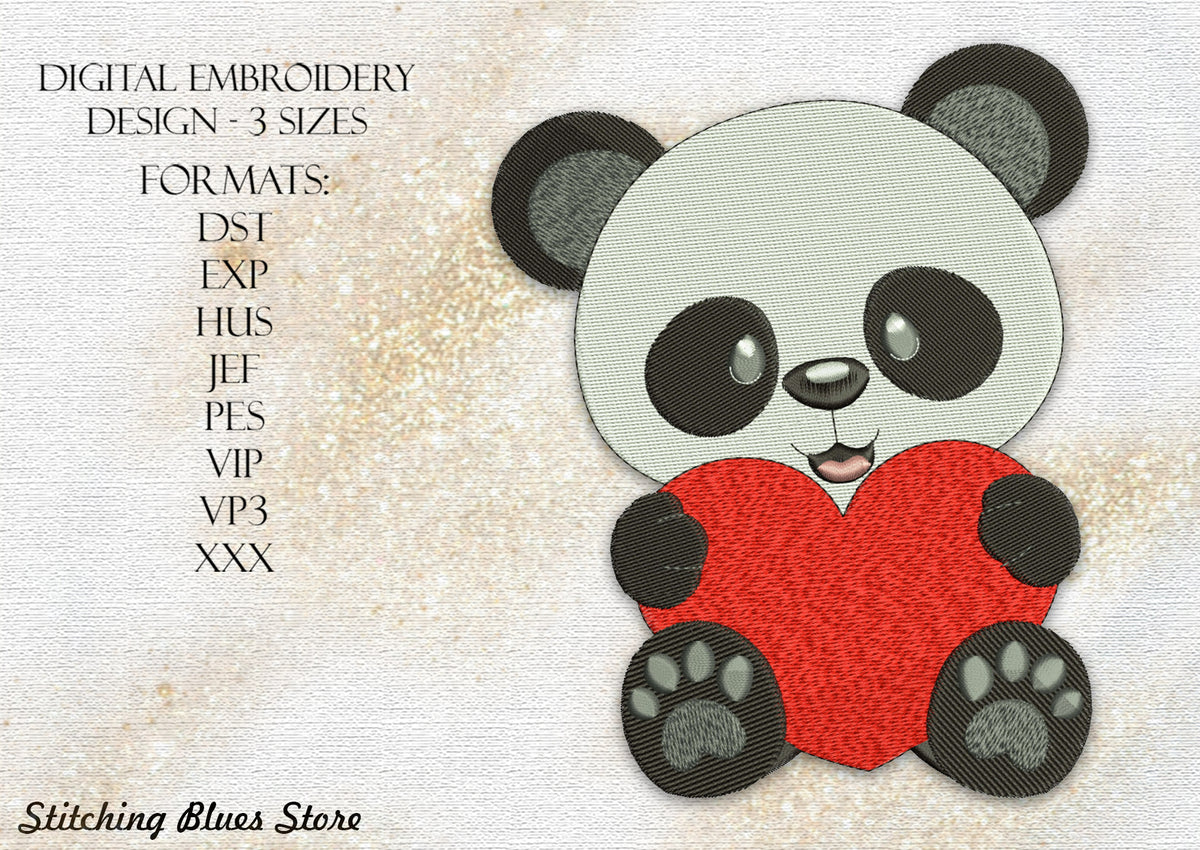 Panda with heart - machine embroidery design - Valentine's Day ...